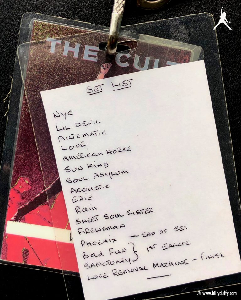 The Cult 'Sonic Temple' Tour Laminate Setlist - 1989 - Billy Duffy